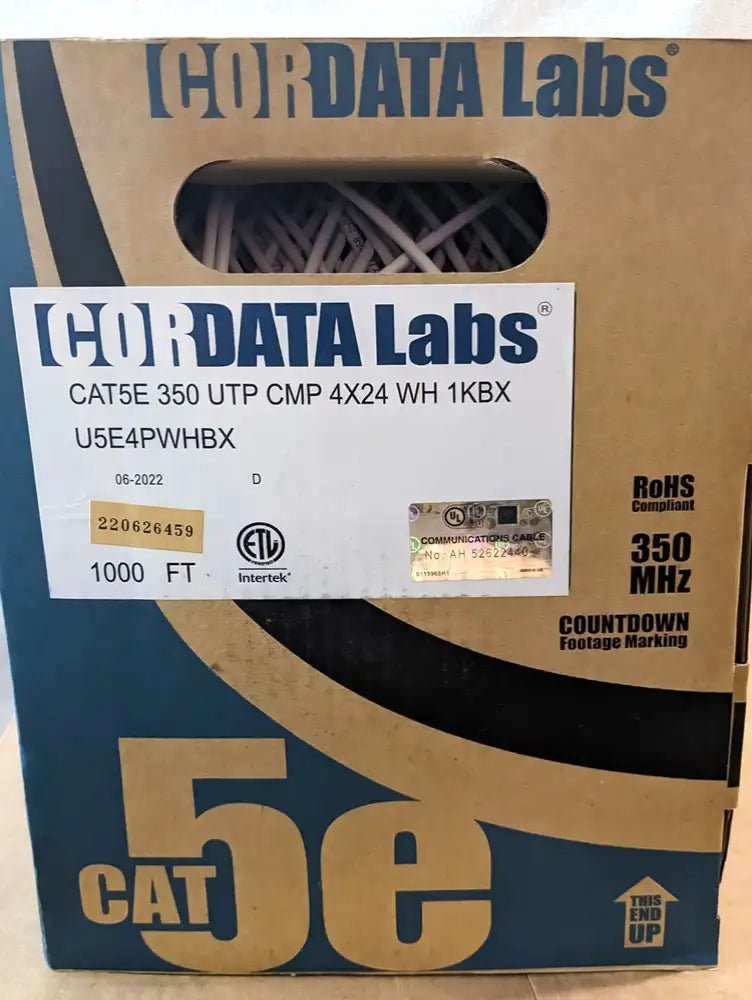 Cat5e Plenum Cordata Labs 24AWG Solid Copper UTP 1000ft White Cable