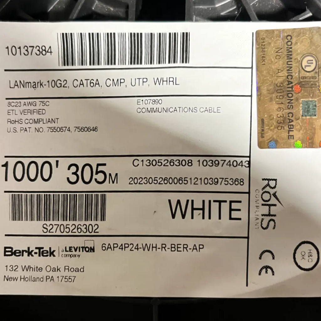 Cat6A Plenum Berk-Tek 10137384 23AWG 1000ft White Ethernet Cable