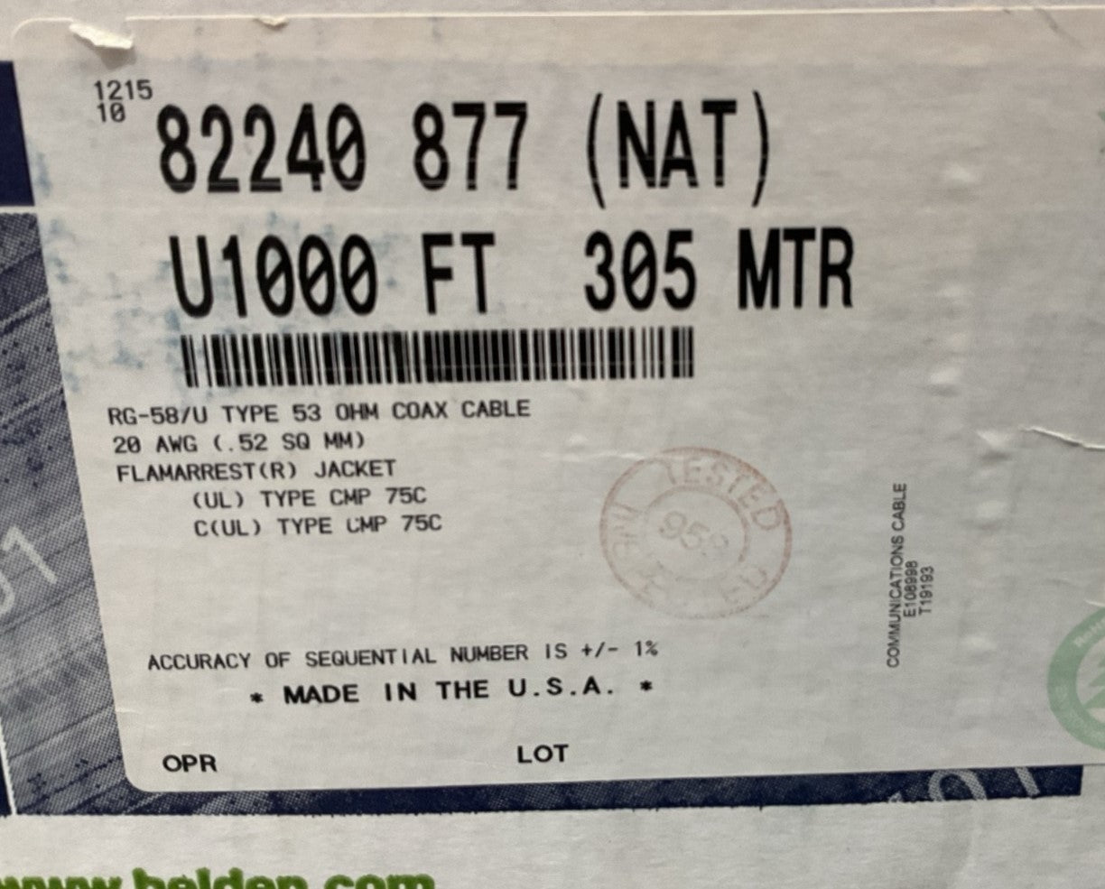 Belden 82240 RG-58/U 53 Ohm Coax Cable 1000ft Plenum-Rated White Made