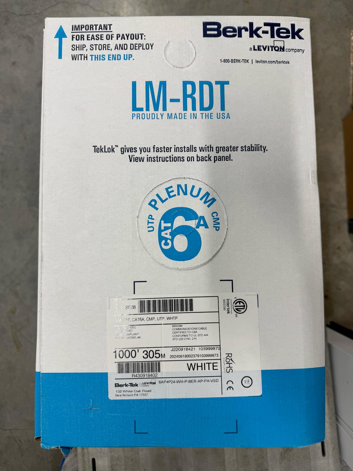 BERK-TEK | 11140628 CAT6A Plenum White 1000ft 750MHz REDUCED DIAMETER