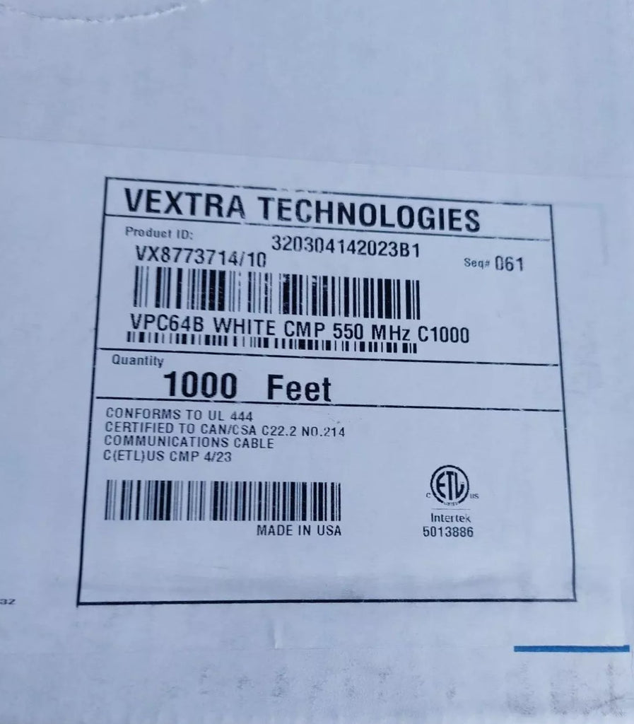 VEXTRA Cat6 Plenum White Solid Copper USA-Made VPC64B-WH, 550 MHz ETL